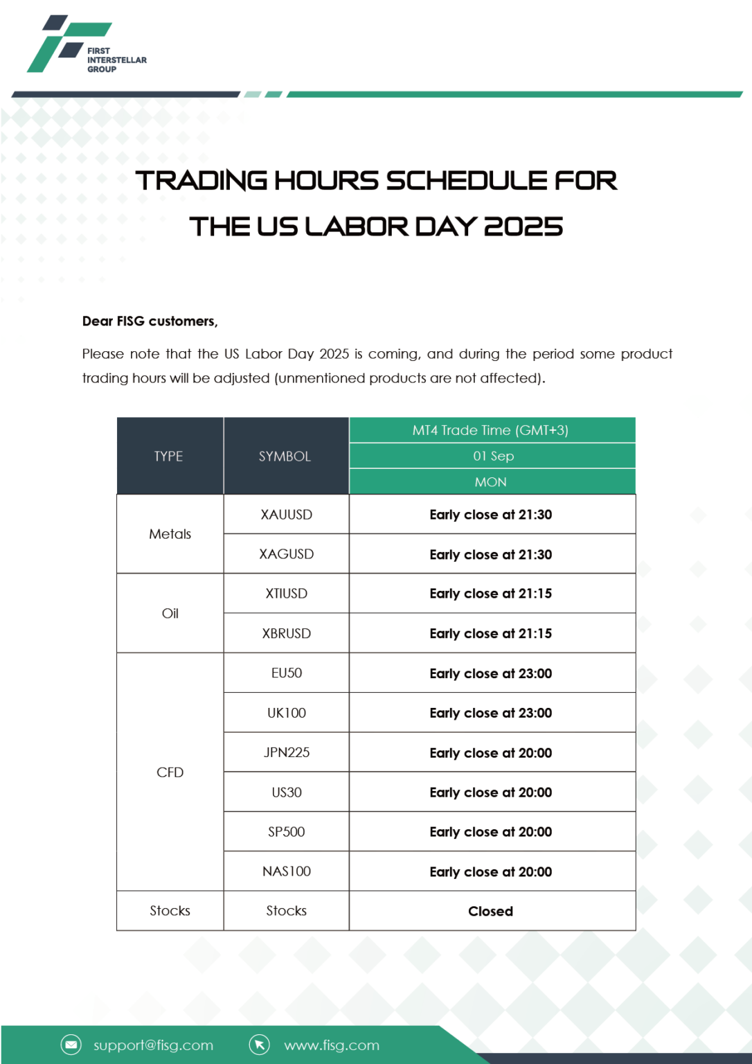 Trading hours schedule For the US Labor Day 2025 - InterStellar Group ...